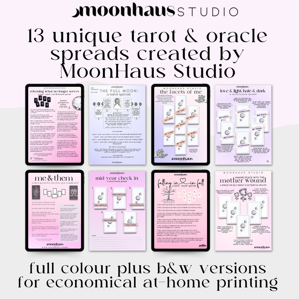 digital tarot spreads PDF: for tarot reading, tarot journal, workbook, – MoonHaus Studio