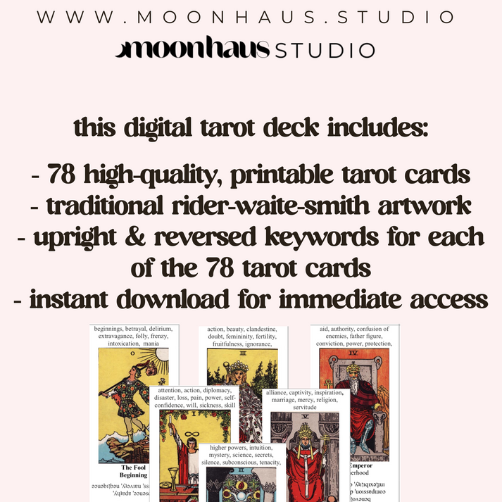 printable tarot deck RWS with keywords upright & reversed – MoonHaus Studio