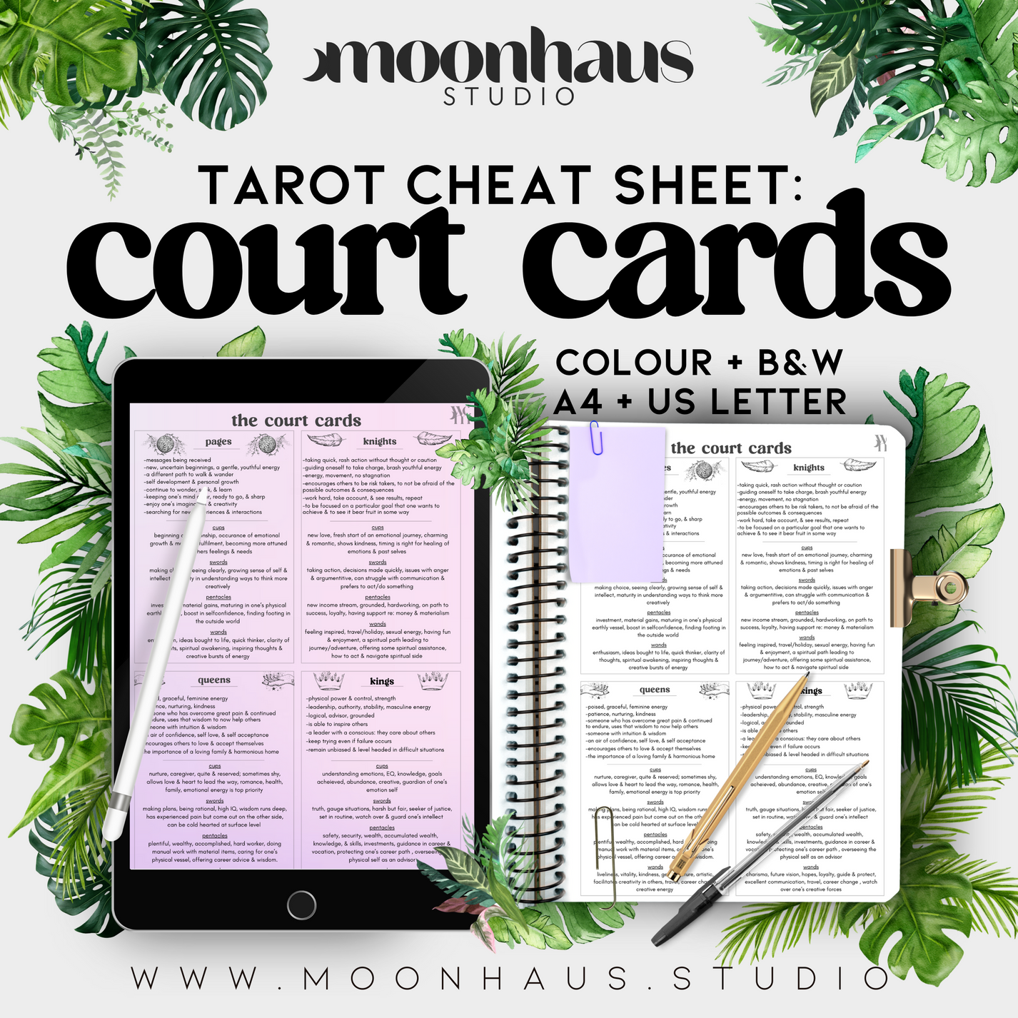tarot card cheat sheet: the court cards, download, digital, printable ...