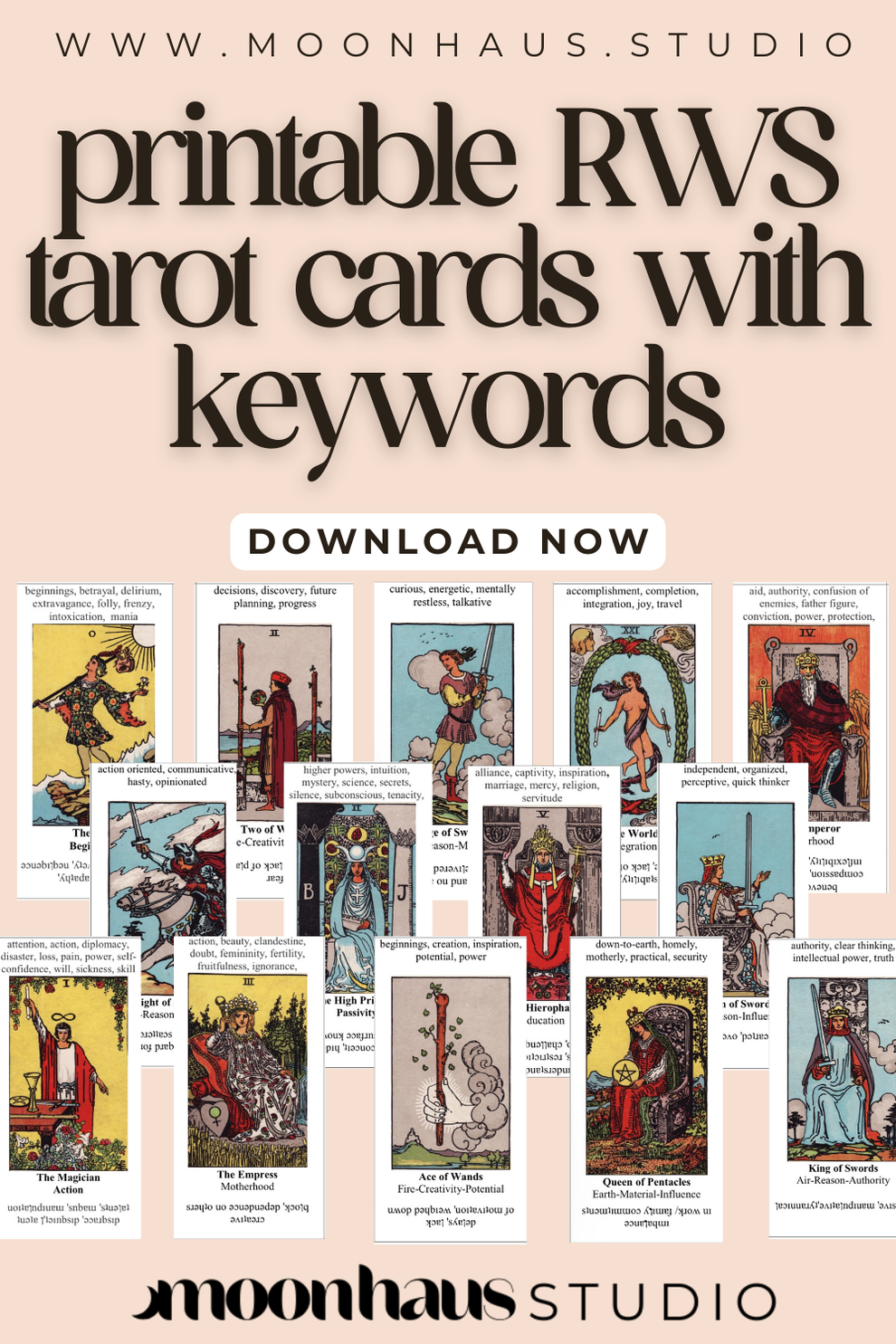 printable tarot deck RWS with keywords upright & reversed – MoonHaus Studio