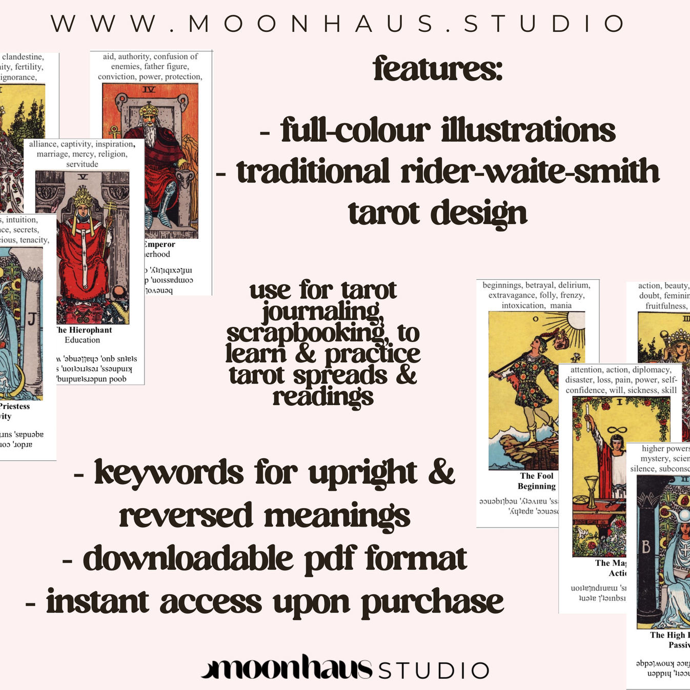 printable tarot deck RWS with keywords upright & reversed – MoonHaus Studio