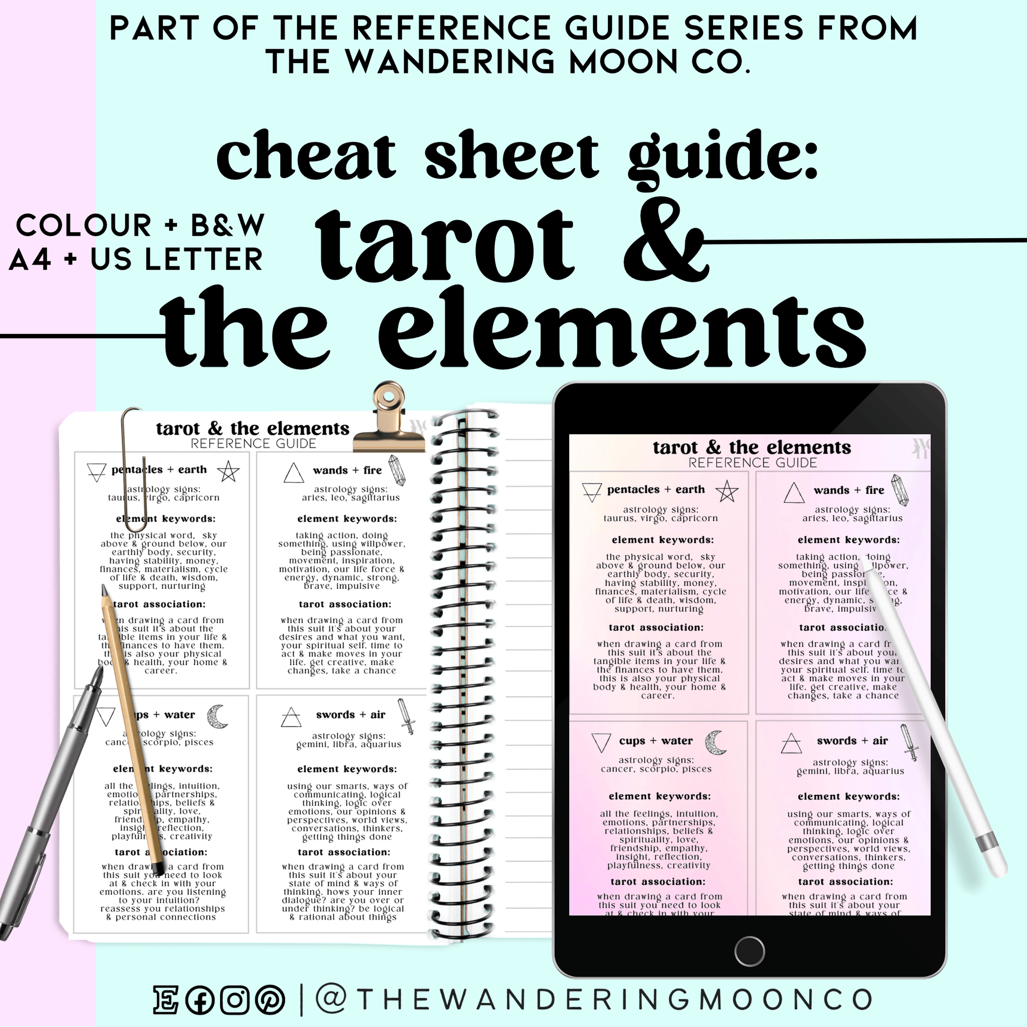 tarot card cheat sheet: tarot & the elements download – MoonHaus Studio