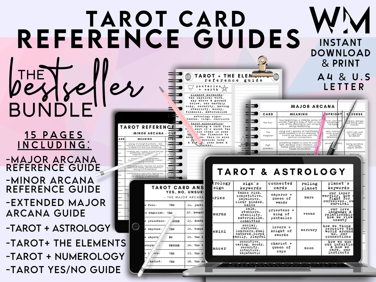 cheat sheet bundle: 7 part tarot card cheat sheet set, 15 pages. – moon haus studio