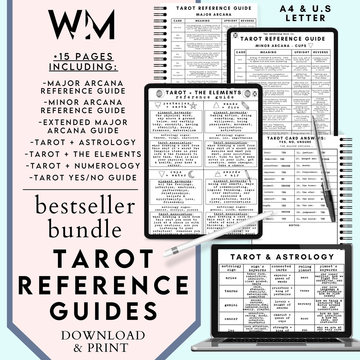 cheat sheet bundle: 7 part tarot card cheat sheet set, 15 pages. – moon haus studio